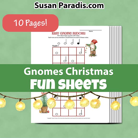 Gnome's Christmas Fun Sheets - Susan Paradis Piano Teaching Resources